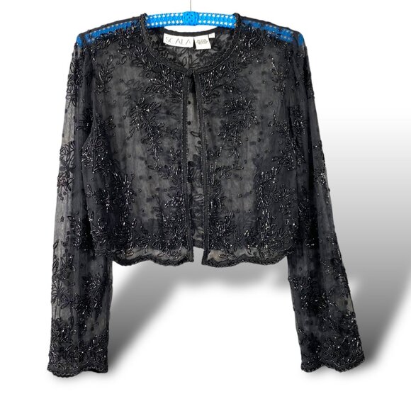 Scala | Sweaters | Vintage Scala Beaded Jacket Womens L Black Sheer ...